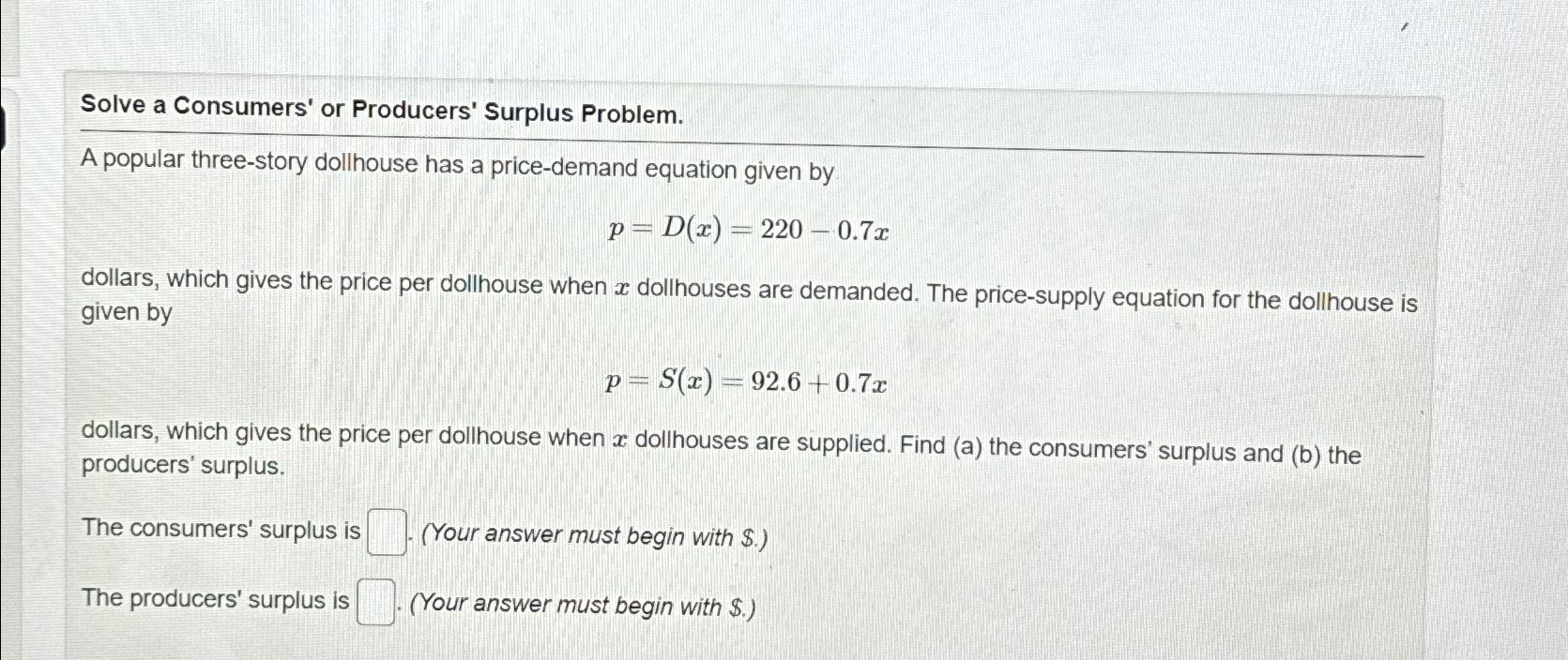 Solved Solve a Consumers' or Producers' Surplus Problem.A | Chegg.com