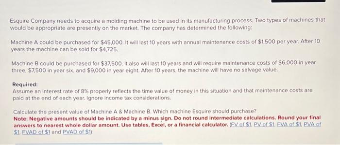 Solved Esquire Company needs to acquire a molding machine to | Chegg.com