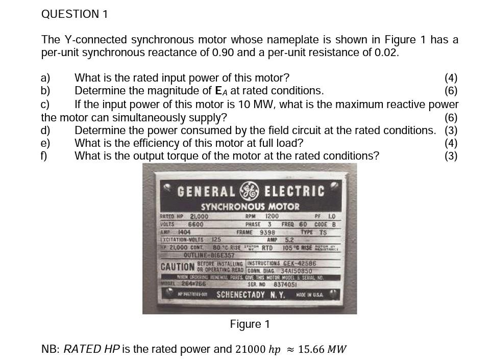 Solved The Y-connected synchronous motor whose nameplate is | Chegg.com