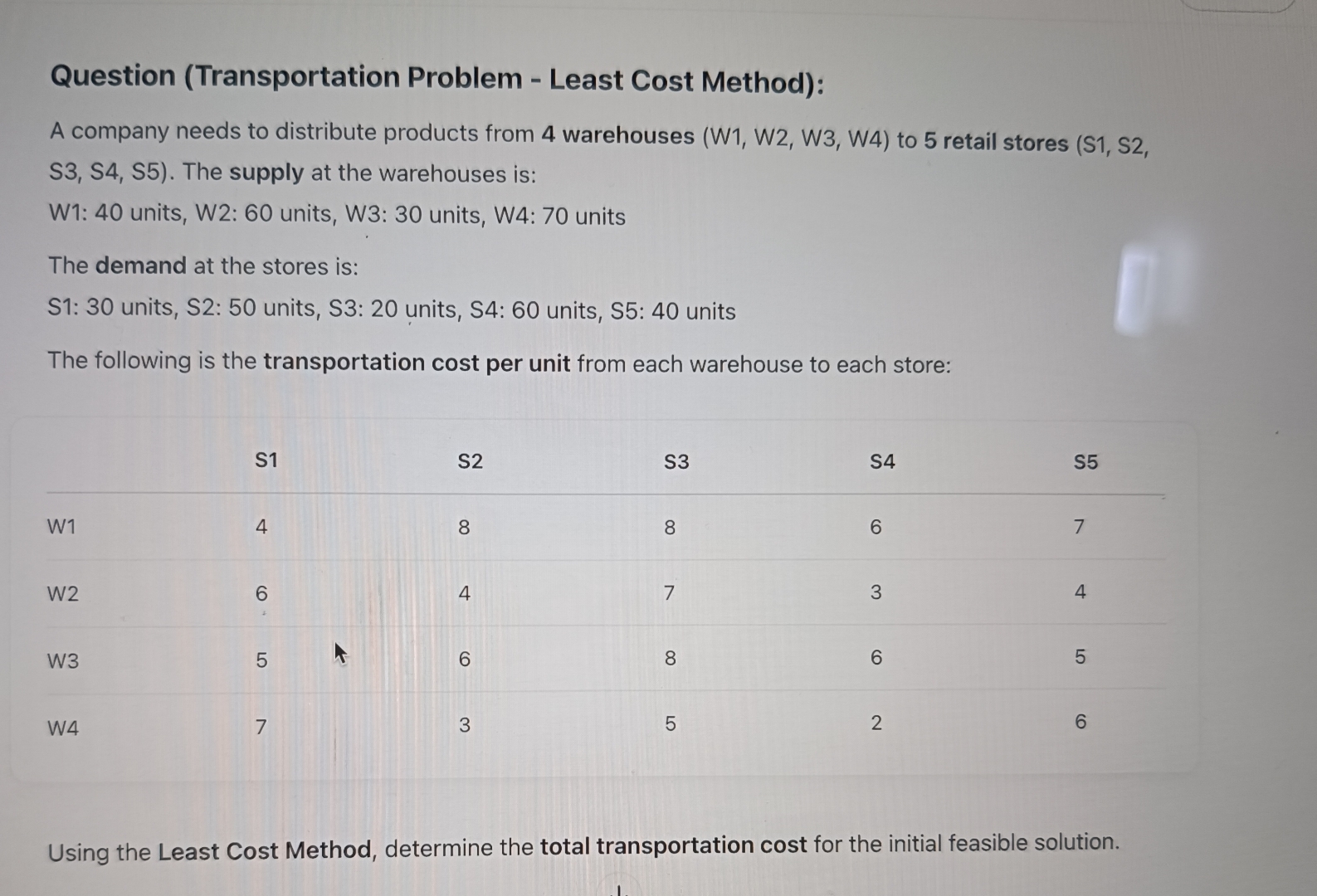 Solved Question (Transportation Problem - ﻿Least Cost | Chegg.com