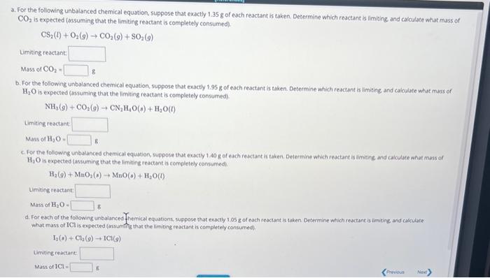 Solved a. For the following unbalanced chemical equation, | Chegg.com