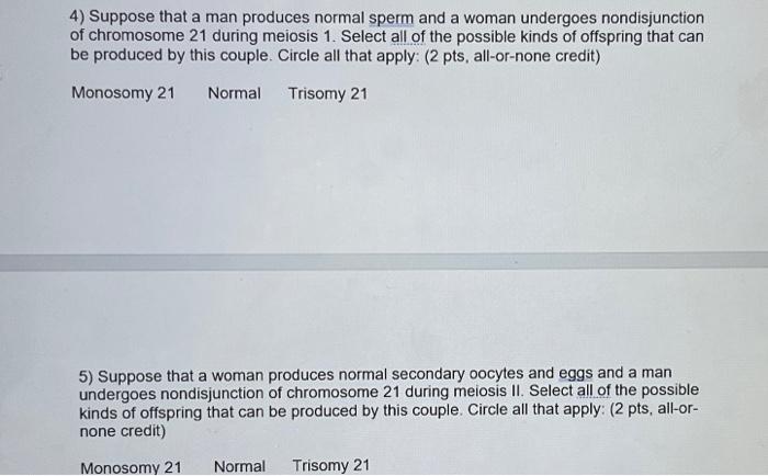 Solved nondisjunction of chromosome 21 during meiosis 1. | Chegg.com