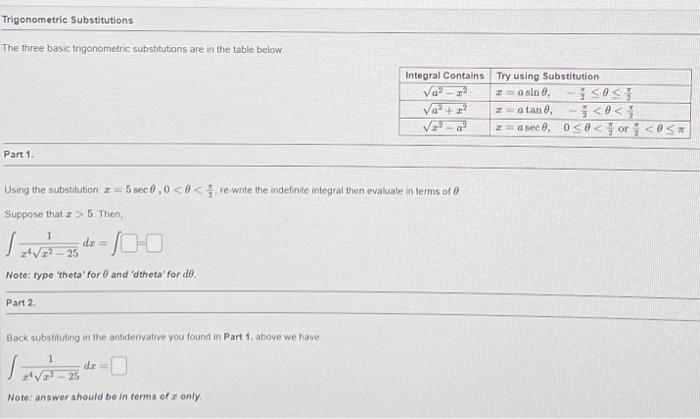 Solved The three basic trigonometric substitutions are in | Chegg.com