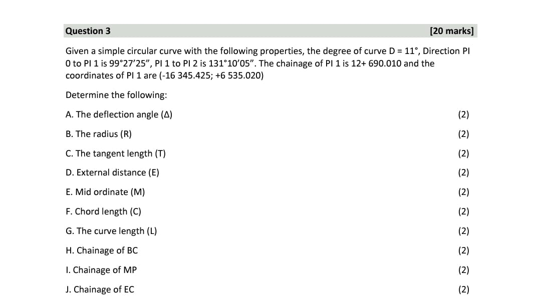 Solved Question 3[20 ﻿marks]Given a simple circular curve | Chegg.com