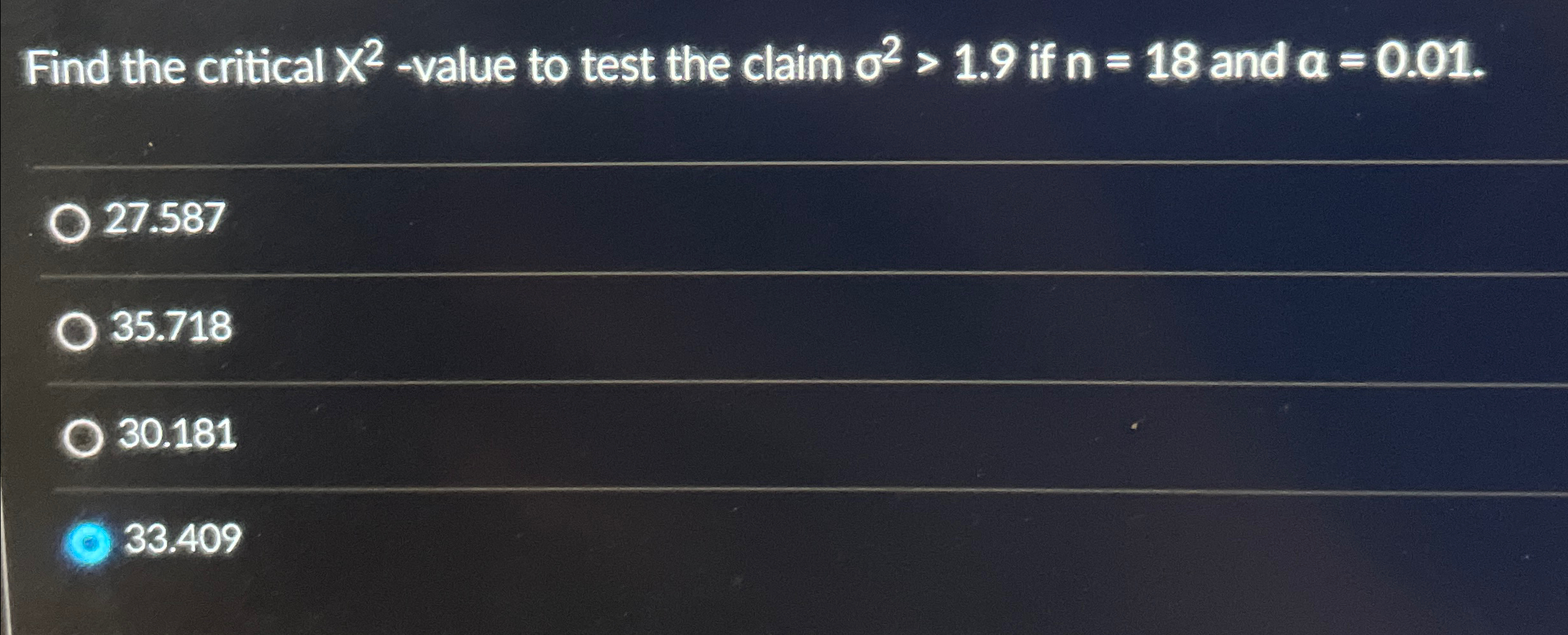 Solved Find the critical x2-value to test the claim σ2>1.9 | Chegg.com