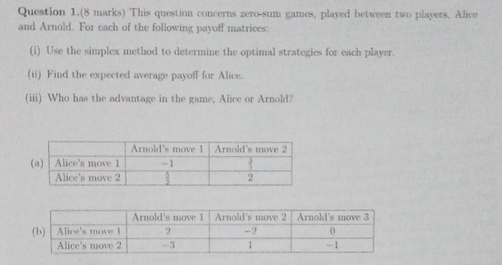 Question 1. (8 marks) This question concerns zero-sum | Chegg.com Question 1. (8 marks) This question concerns zero-sum | Chegg.com