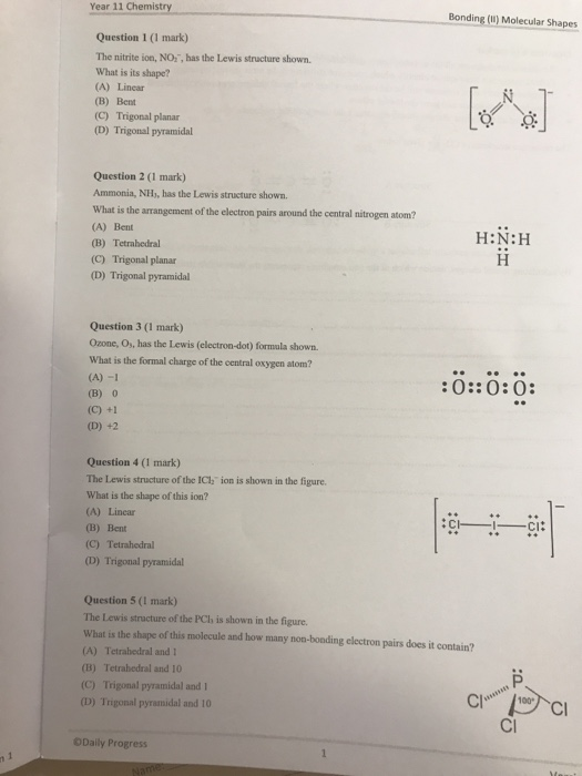 Solved Year 11 Chemistry Bonding (I) Molecular Shapes | Chegg.com
