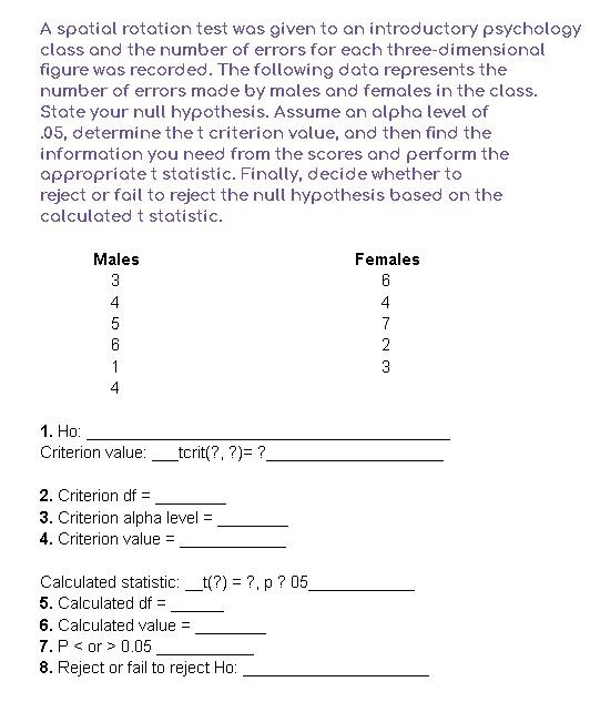 Solved A spatial rotation test was given to an introductory | Chegg.com