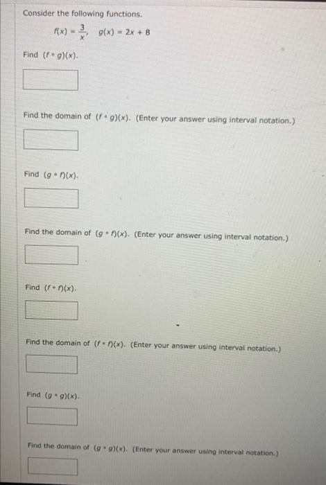 Solved Consider the following functions. f(x)=x3,g(x)=2x+8 | Chegg.com