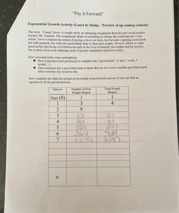Solved "Pay it Forward" Exponential Growth Activity (Learn | Chegg.com