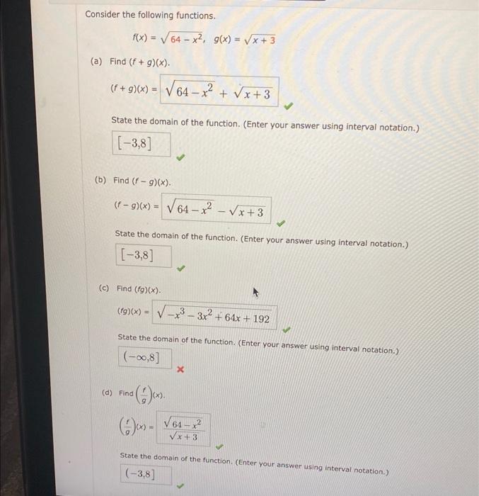 Solved Consider the following functions. f(x)=64−x2,g(x)=x+3 | Chegg.com
