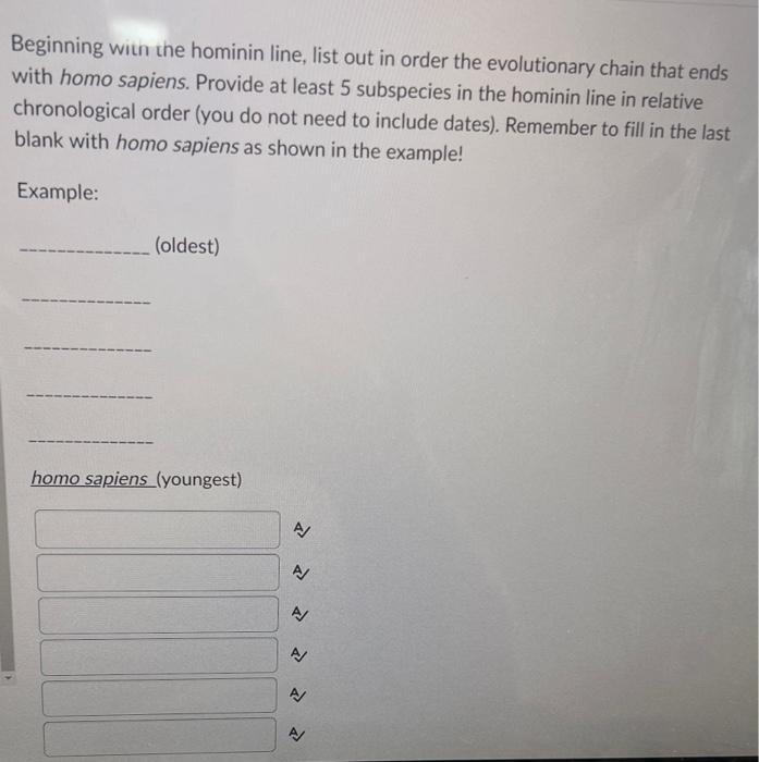 Beginning with the hominin line, list out in order | Chegg.com