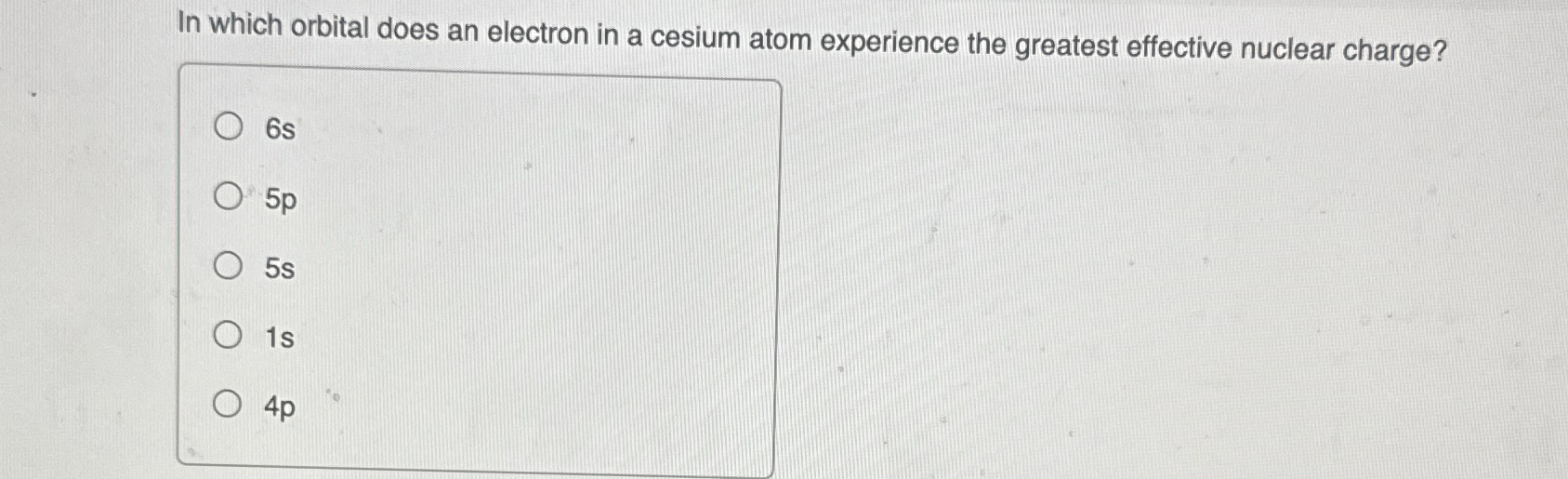Solved In which orbital does an electron in a cesium atom | Chegg.com
