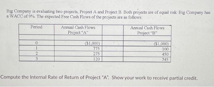 Solved Big Company is evaluating two projects, Project A and | Chegg.com