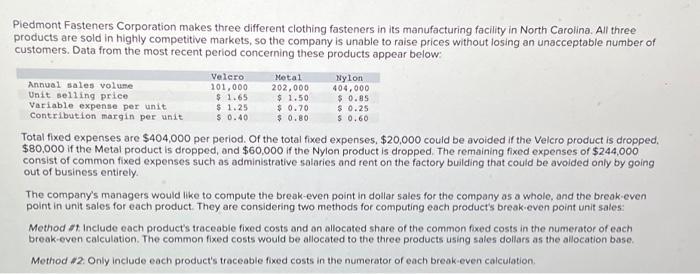 Solved Pledmont Fasteners Corporation makes three different | Chegg.com