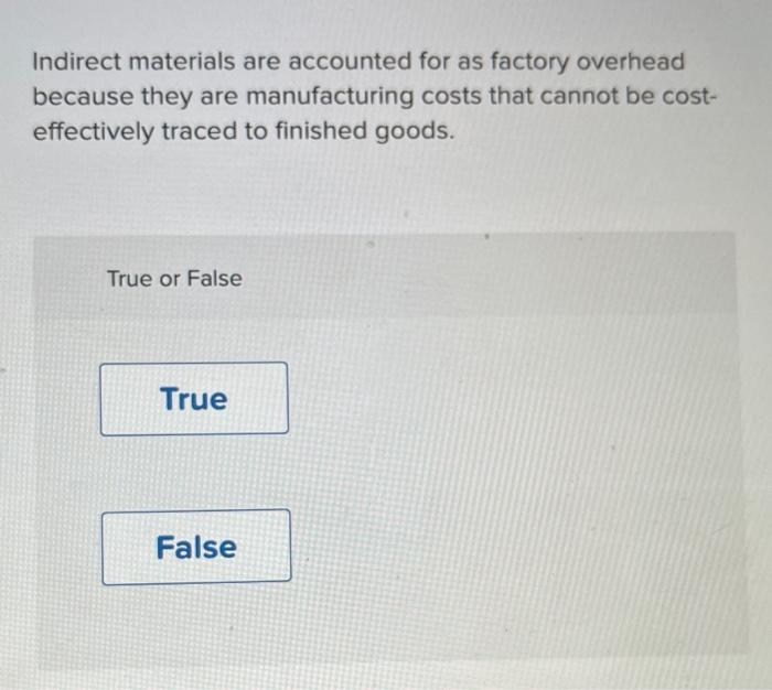 Solved Indirect materials are accounted for as factory | Chegg.com