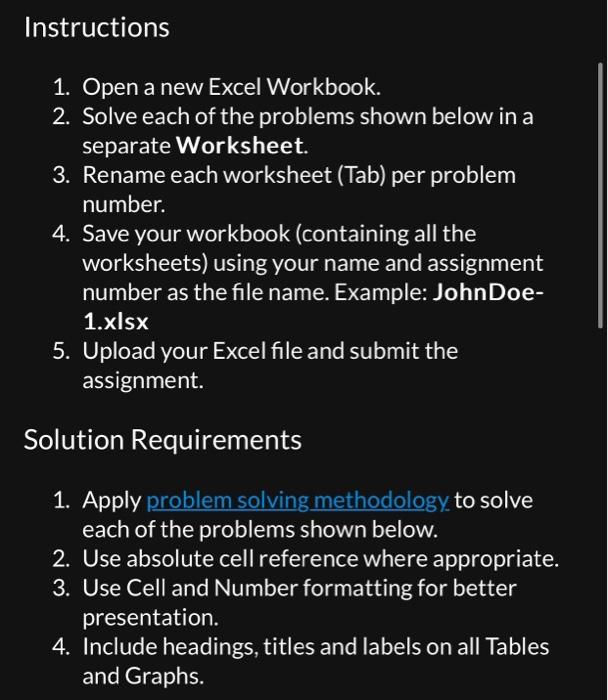 Solved Instructions 1. Open a new Excel Workbook. 2. Solve | Chegg.com