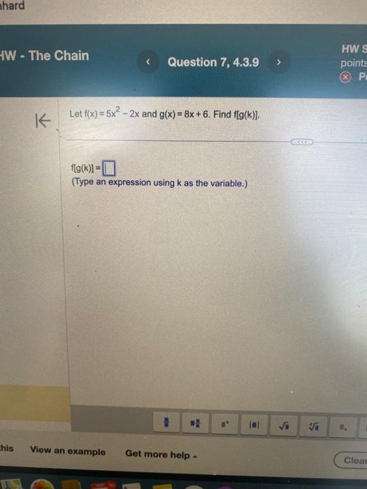 Solved Let f(x)=5x2−2x and g(x)=8x+6. Find f[g(k)]. f[g(k)]= | Chegg.com