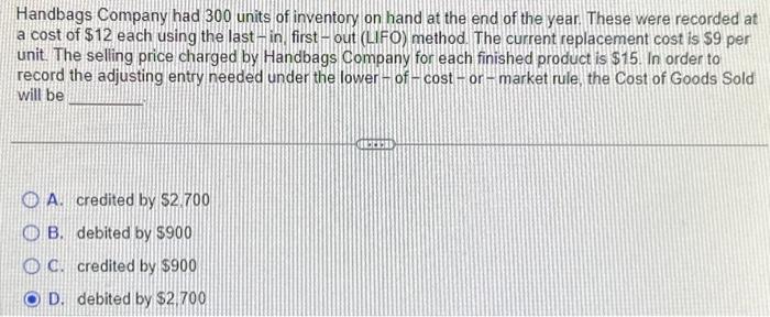 Solved Handbags Company had 300 units of inventory on hand | Chegg.com