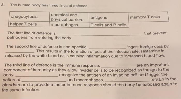 Solved 3. The human body has three lines of defence. The | Chegg.com