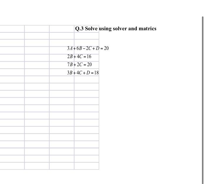 Solved Q.3 Solve using solver and matrics 3A +6B -2C + D = | Chegg.com