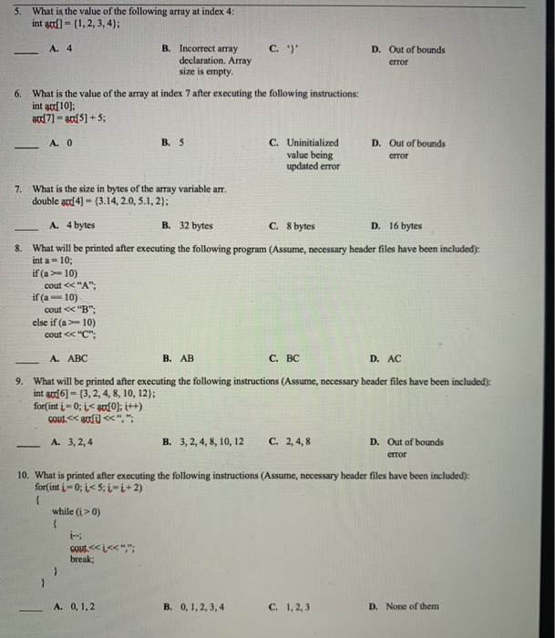 Solved 5 What Is The Value Of The Following Array At Index 