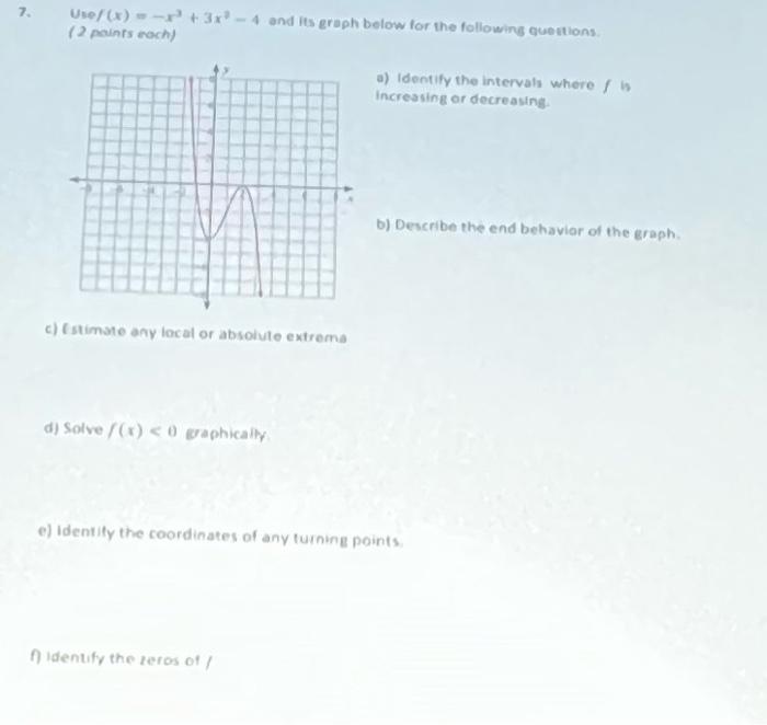 Solved 7. Use f(x)=−x3+3x3−4 and its graph below for the | Chegg.com