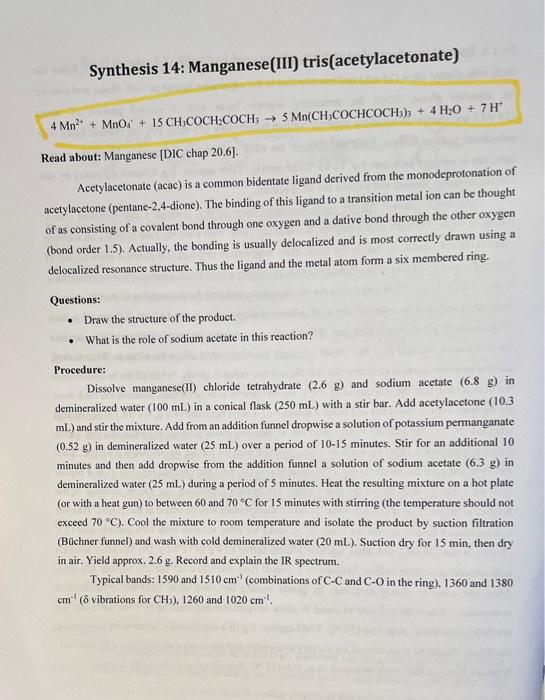 Solved manganese(III)tris(acetylacetonate)questions: draw | Chegg.com