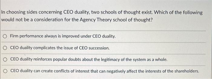 Solved In choosing sides concerning CEO duality, two schools | Chegg.com
