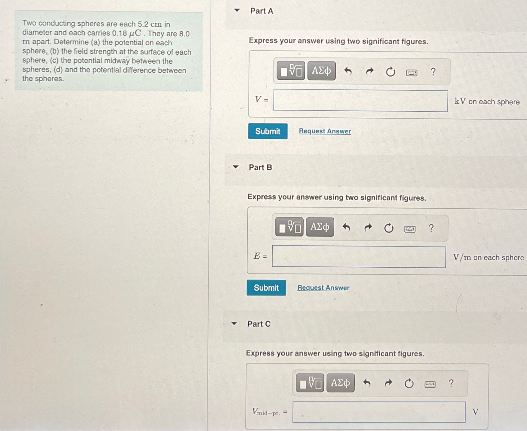 Solved Part ATwo conducting spheres are each 5.2cm ﻿in | Chegg.com