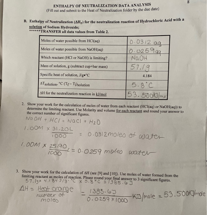 Solved 10 ENTHALPY OF NEUTRALIZATION DATA ANALYSIS (Fill out | Chegg.com