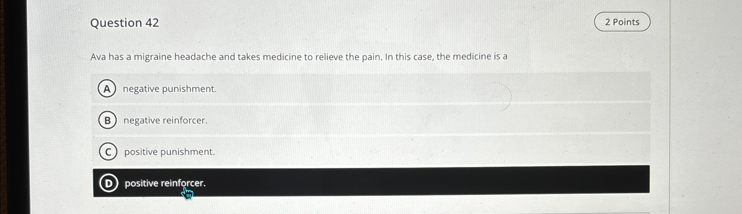 Solved Question 422 ﻿PointsAva has a migraine headache and | Chegg.com