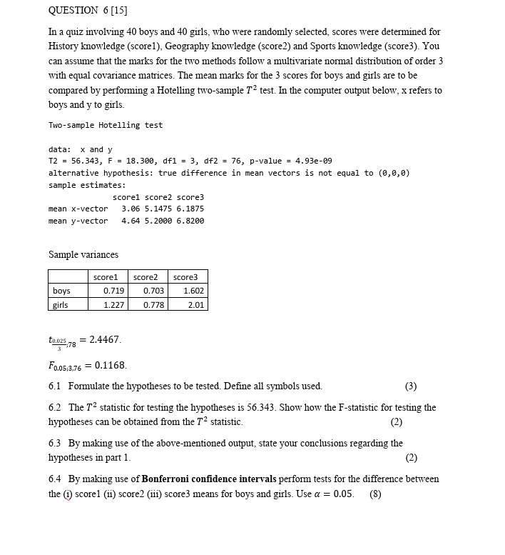 Solved QUESTION 6 [15] In a quiz involving 40 boys and 40 | Chegg.com