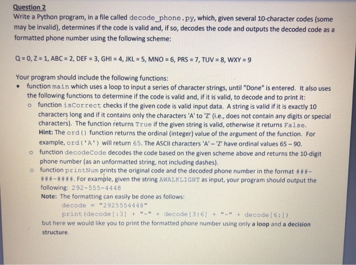 Solved Question 2 Write a Python program, in a file called | Chegg.com