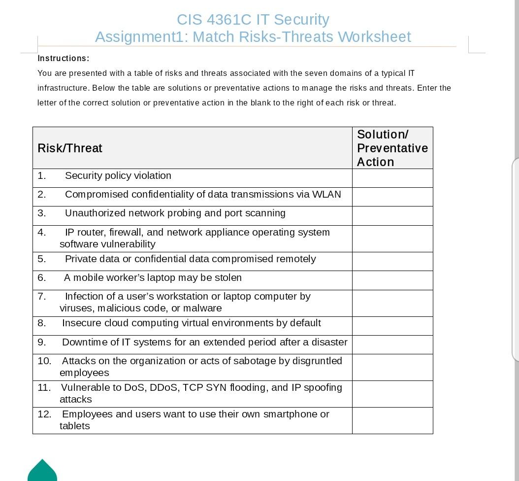 Solved CIS 4361C IT Security Assignment1: Match | Chegg.com