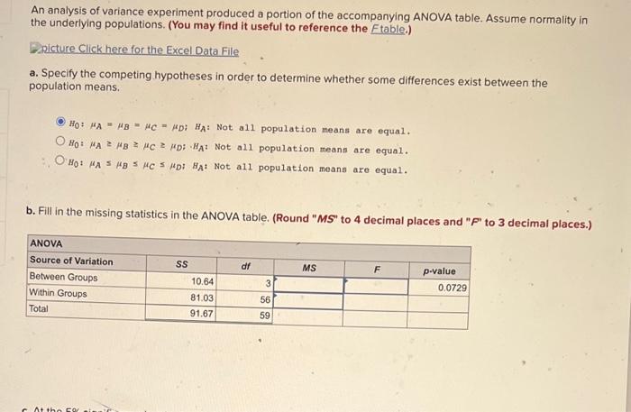 An analysis of variance experiment produced a portion | Chegg.com