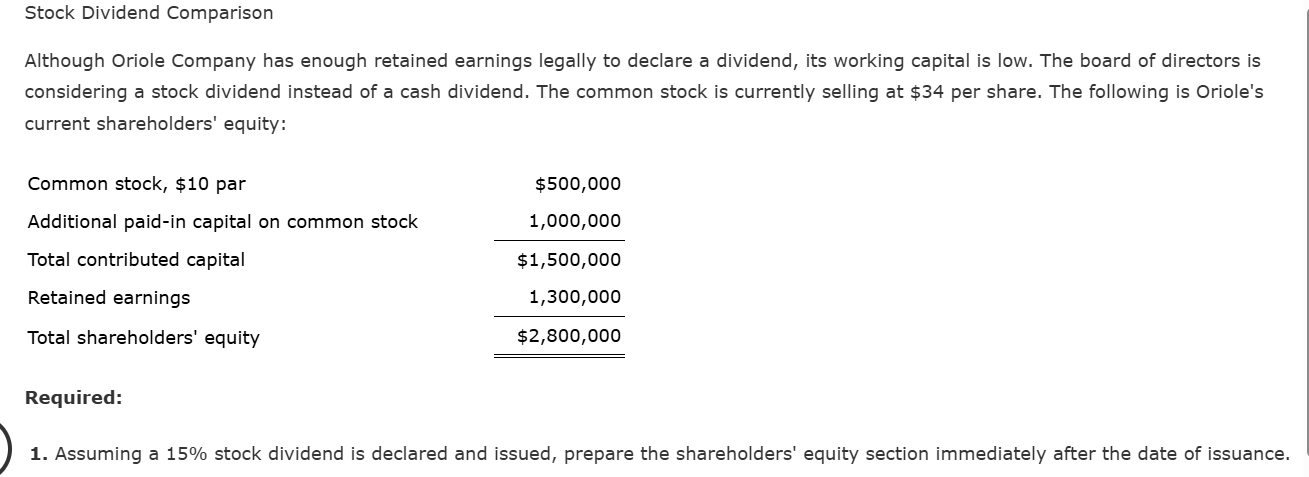 Solved Stock Dividend Comparison Although Oriole Company has | Chegg.com