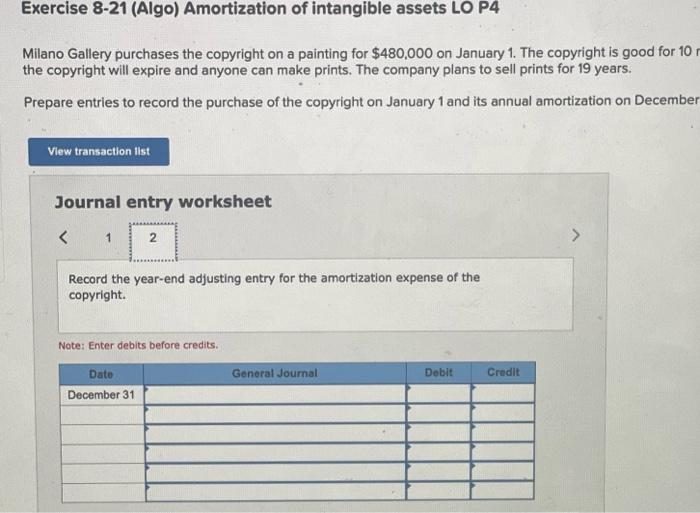 Solved Exercise 8-21 (Algo) Amortization of intangible | Chegg.com
