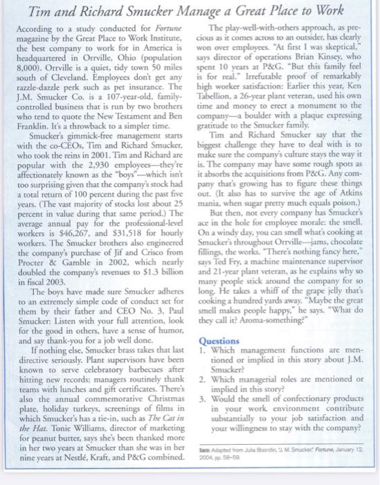 Solved Tim and Richard Smucker Manage a Great Place to Work | Chegg.com