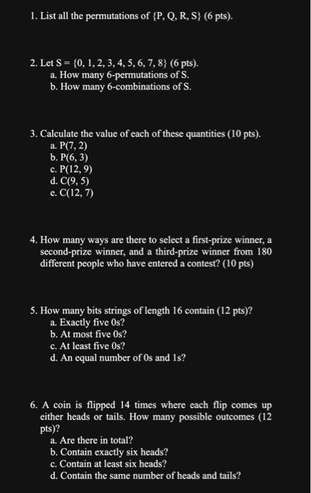 Solved 1. List all the permutations of {P,Q,R,S}(6pts). 2. | Chegg.com