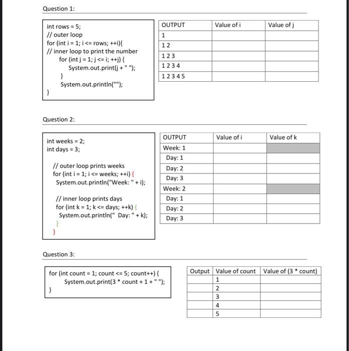 Solved Question 1: Question 2: int weeks =2; int days =3; // | Chegg.com