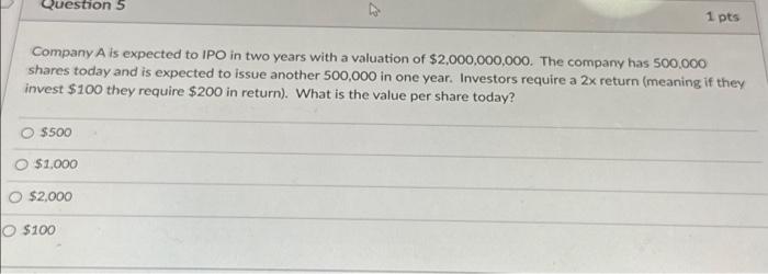 Solved Question 5 Company A is expected to IPO in two years | Chegg.com