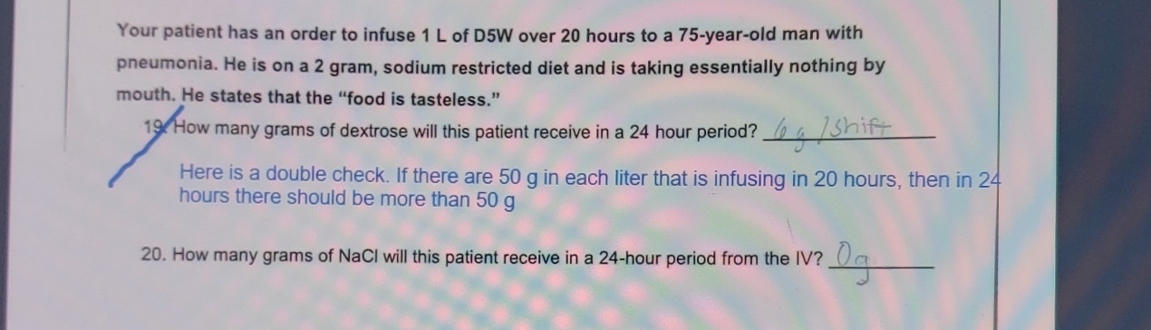 Solved Your patient has an order to infuse 1L ﻿of D5W over | Chegg.com