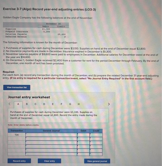 Solved Exercise 3-7 (Algo) Record year-end adjusting entries | Chegg.com