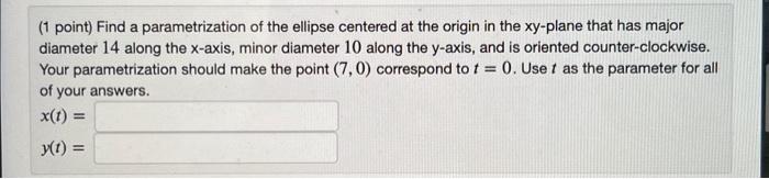 Solved (1 point) Find a parametrization of the ellipse | Chegg.com
