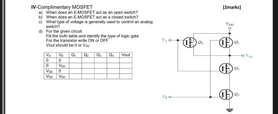 Solved IV-Complimentary MOSFET[2marks]a) ﻿When does an | Chegg.com