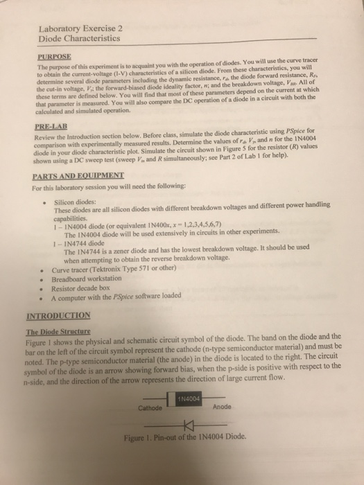 Laboratory Exercise 2 Diode Characteristics PURPOSE | Chegg.com