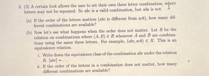 Solved 3. (3) A certain lock allows the user to set their | Chegg.com