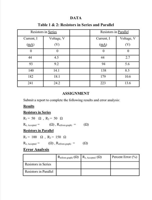 Solved DATA Table 1 & 2: Resistors in Series and Parallel | Chegg.com