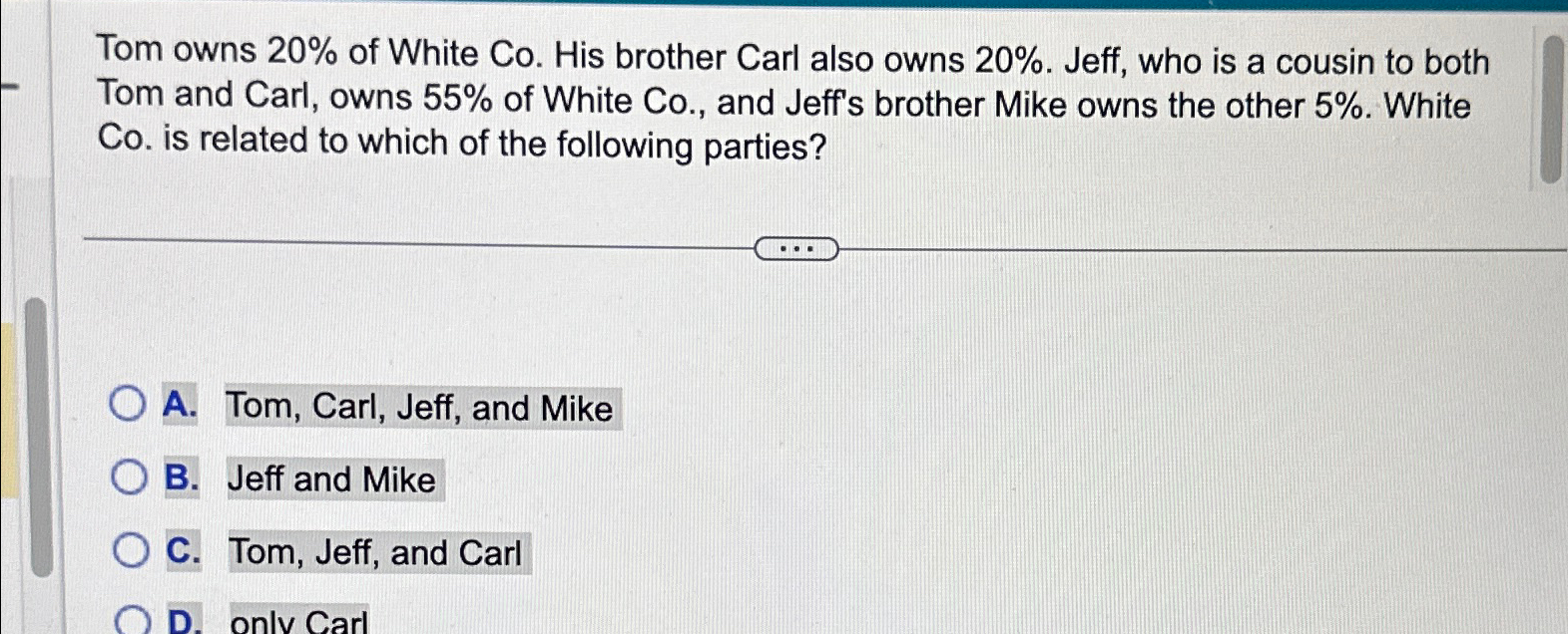 Solved Tom owns 20% ﻿of White Co. ﻿His brother Carl also | Chegg.com